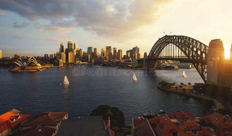 View Point of Sydney Harbour with City and Bridge in Sunset Time Stock ...