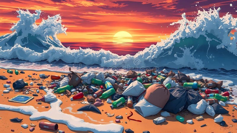 A Polluted Beach Covered in Trash and Debris Stock Illustration ...