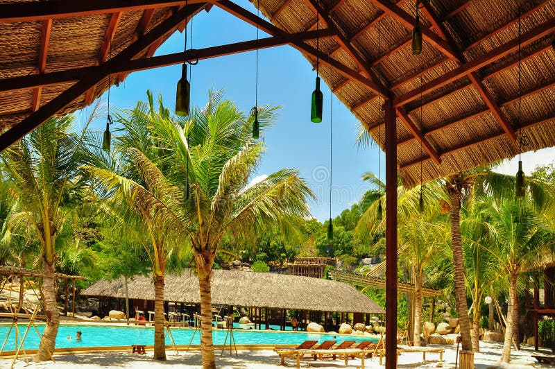 View of the Pool in the Park Under the Cane Roof Stock Image - Image of ...