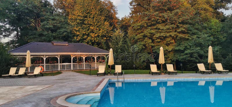 View from pool stock image. Image of pool, house, view - 165066501