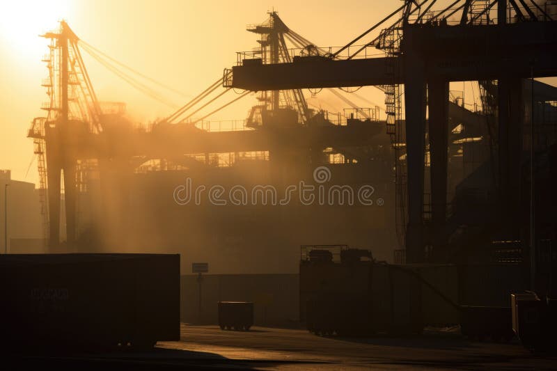 Port Cranes Loading Containers on a Cargo Ship at the Port. Elevated ...