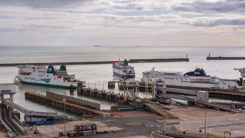 View of the Port of Dover with Three Ferries in Dover, Kent, England ...