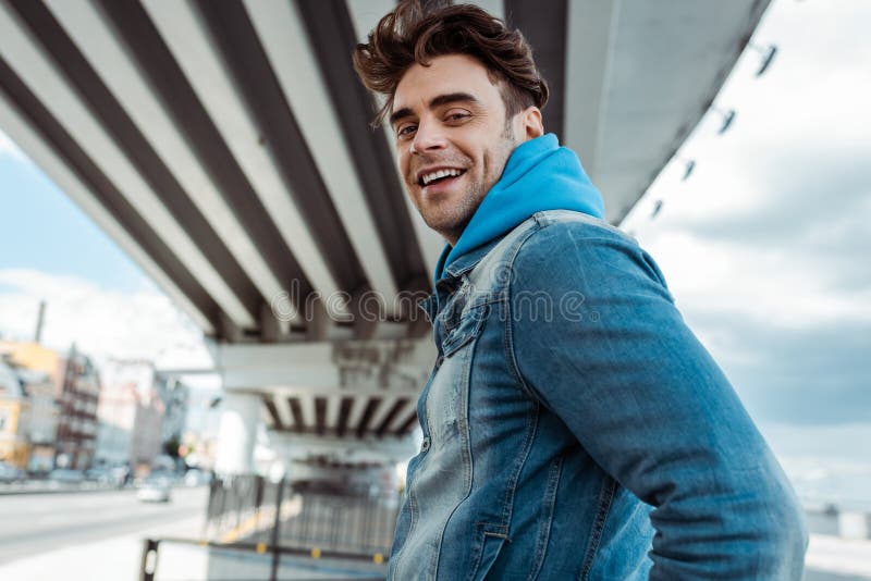View of Positive Man Smiling at Stock Image - Image of european, denim ...