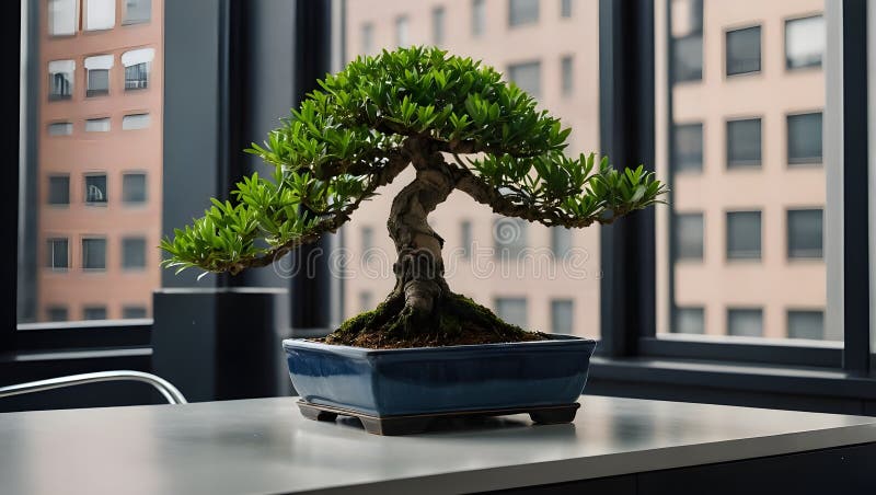 View of a Potted Bonsai Tree on a Table in the Office Stock ...