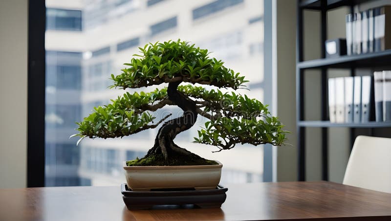 View of a Potted Bonsai Tree on a Table in the Office Stock ...