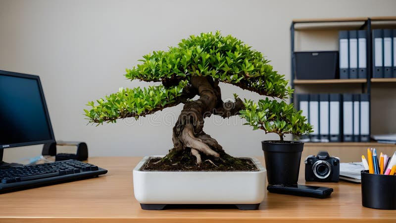 View of a Potted Bonsai Tree on a Table in the Office Stock ...