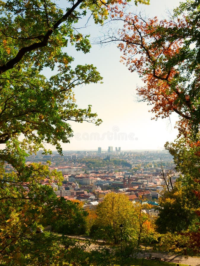 View of Prague through the Branches of Autumn Trees Stock Photo - Image ...
