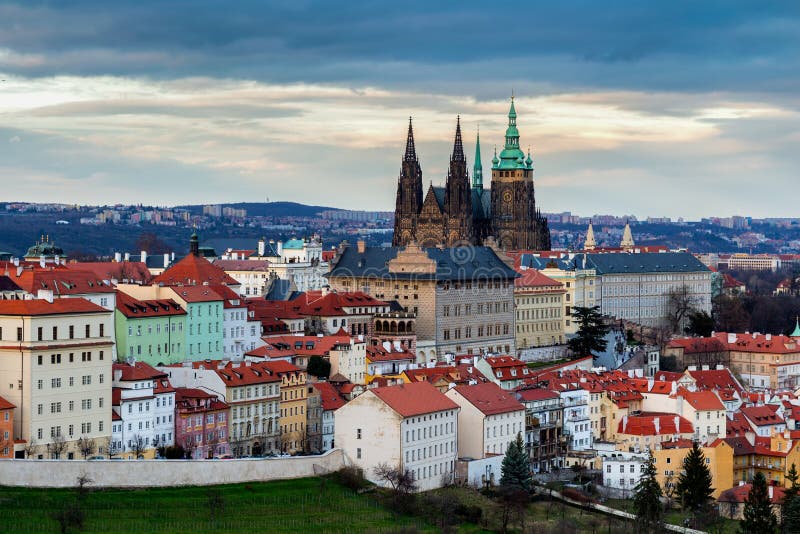 View of Prague and Prague Castle from Petrin Hill at Sunset with Stock ...