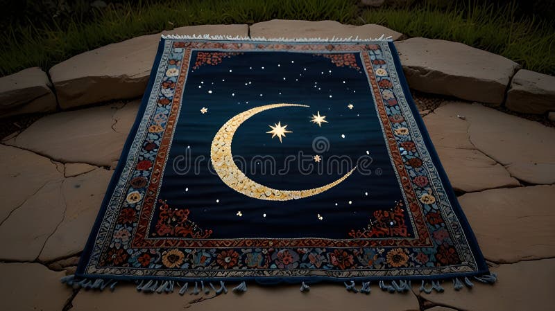 A Prayer Rug Laid Out on a Quiet Stone Path Under a Glowing Crescent ...