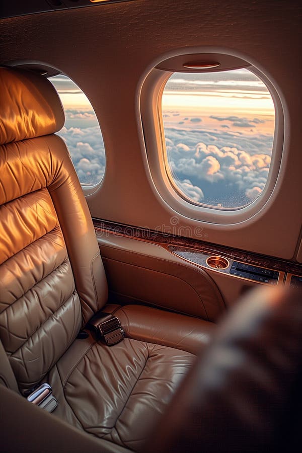 View from Private Jet Window, Sunset or Sunrise and Clouds through a ...
