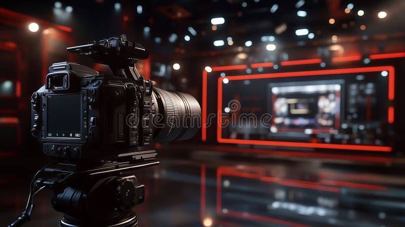 View of a Professional Video Camera Aimed at a Studio Stage, with ...