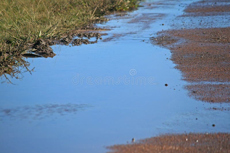 REFLECTION of BLUE SKY in PUDDLE of WATER on TARRED ROAD Stock Photo ...