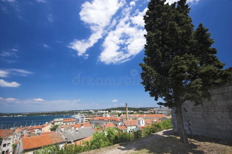 A view of Pula stock image. Image of tree, roofs, castle - 5232887