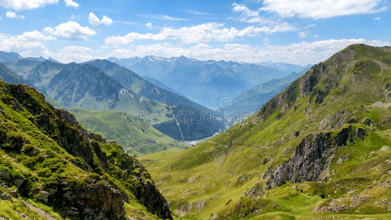 View of Pyrenees Mountains with Cloudy Blue Sky Stock Photo - Image of ...
