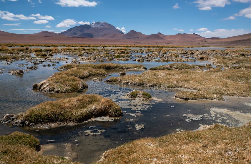 Lagoon Quepiaco and Volcano Acamarachi, Chile Stock Photo - Image of ...