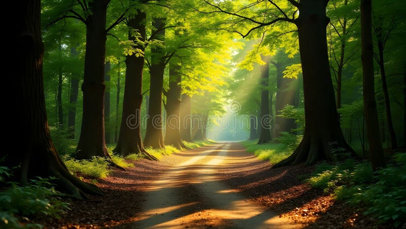 A Quiet Forest Path with Sunlight Filtering through Dense Green Foliage ...
