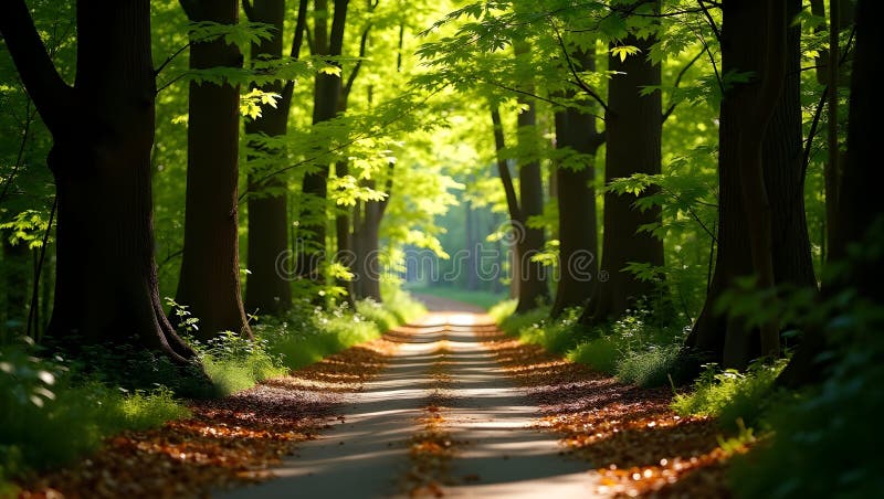 A Quiet Forest Path with Sunlight Filtering through Dense Green Foliage ...
