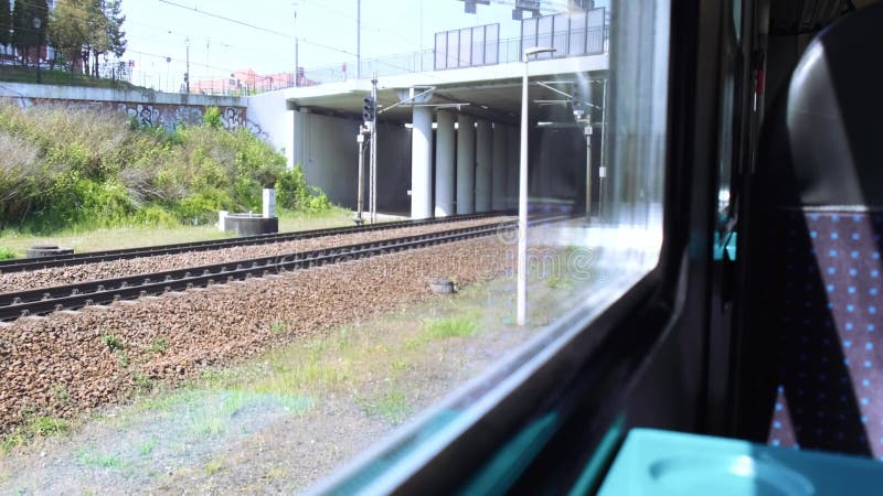 View on Railroad Track from the Window of Fast Train. 4K Interior View ...