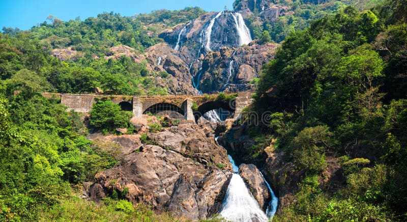 View of the Railway Bridge in the Mountains through the Waterfall ...