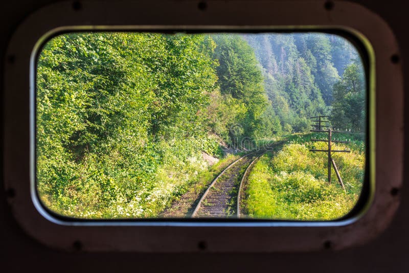 A View of the Railway Tracks through the Train Window. Horizontal Frame ...