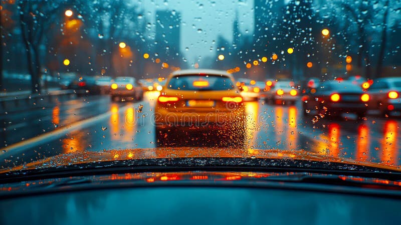 View through a Rain-covered Car Windshield, with Blurred Urban Traffic ...