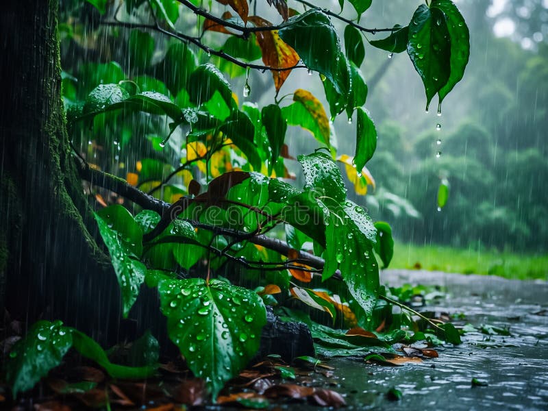 View of Rain Water Dripping from the Leaves in Green Forest in the Rain ...