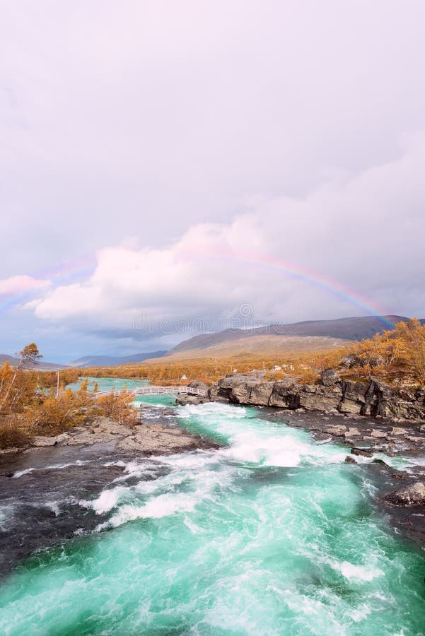 View on Rainbow Over Mountain River in Norway Stock Photo - Image of ...
