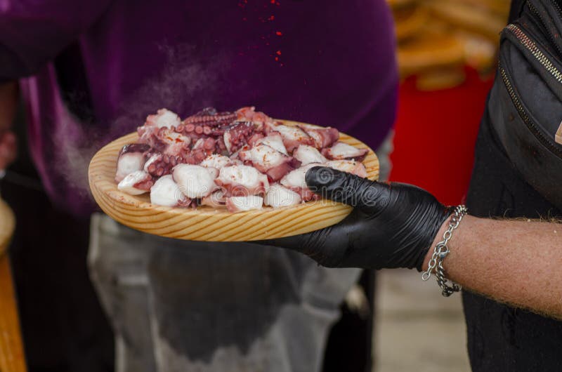 View of a Ration of Octopus Cooked in the Galician Style, Pulpo a Feira ...