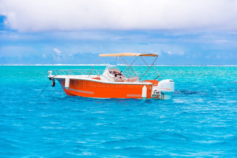 View of the Red Boat in the Open Ocean, Bora Bora, French Polynesia ...