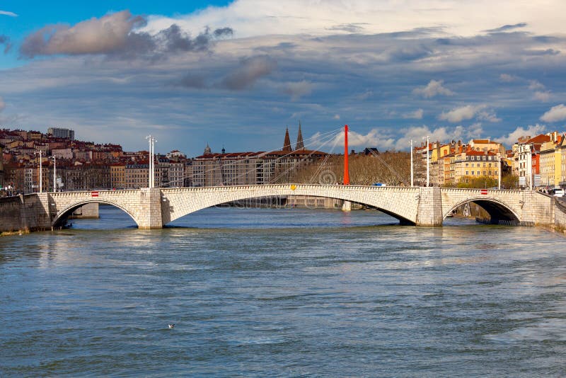 Lyon. Red Cable-stayed Bridge Over the Saona River. Stock Image - Image ...