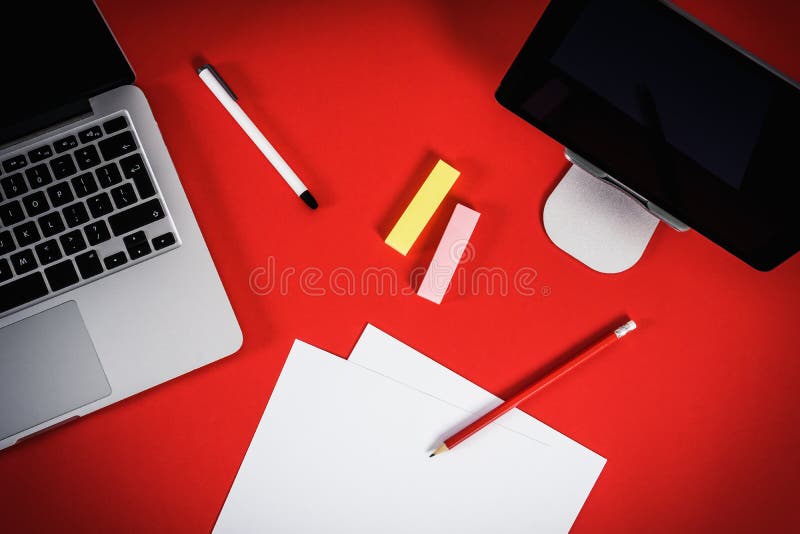 View of the Red Desk with a Computer Stock Photo - Image of office ...