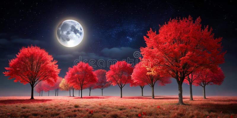 View of Red Leaf Trees Under Moonlight Generative AI Stock Illustration ...