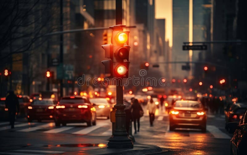View of a Red Traffic Light at a Busy Intersection. AI Stock ...