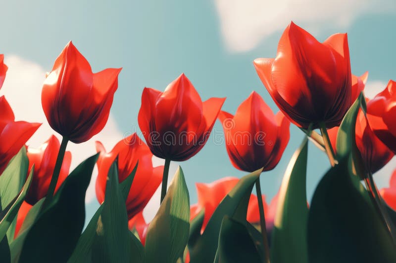 A View of Red Tulips from Below, Set in a Field of Red Tulips with a Bright Sky Above Stock ...