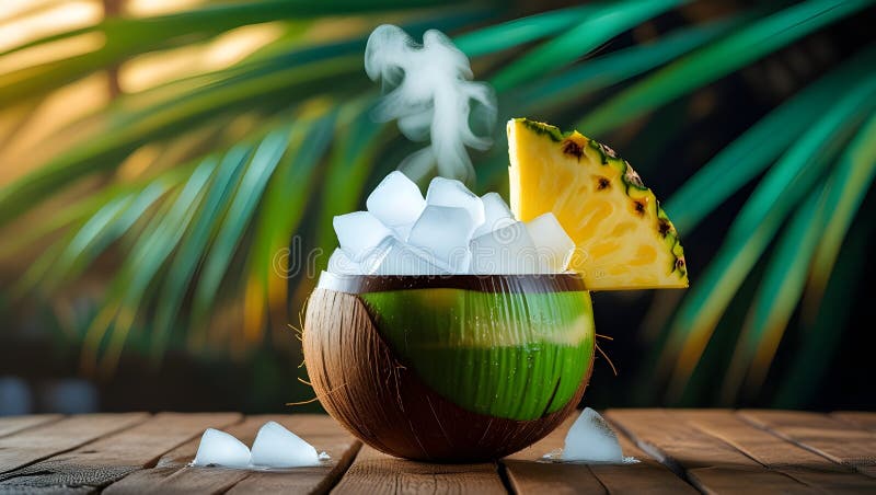 A Refreshing Tropical Cocktail in a Coconut Shell with a Pineapple ...