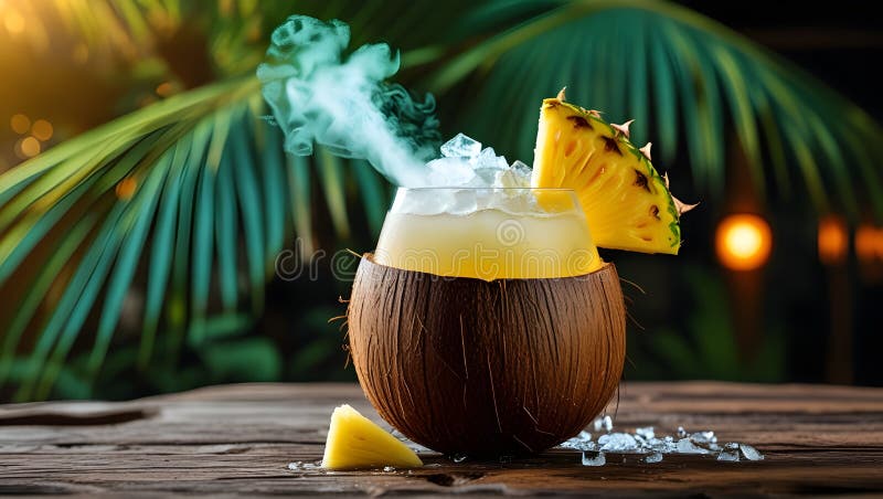 A Refreshing Tropical Cocktail in a Coconut Shell with a Pineapple ...