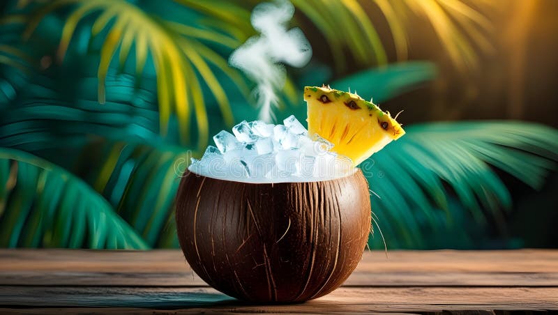 A Refreshing Tropical Cocktail in a Coconut Shell with a Pineapple ...