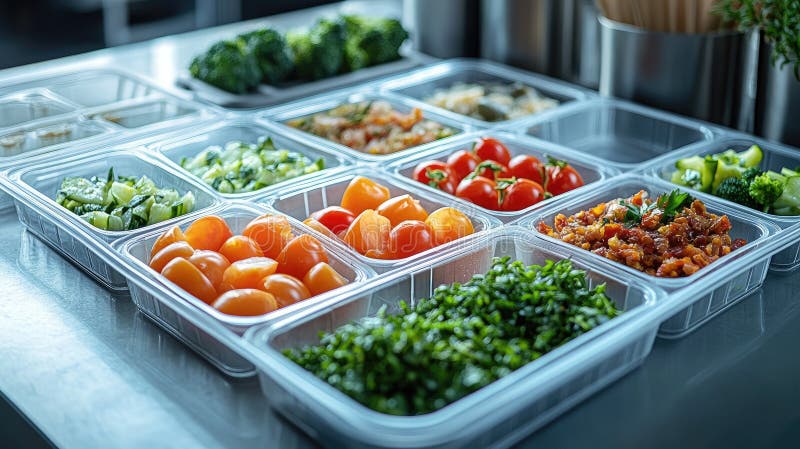 Restaurant Kitchen Showing Ingredients Prepared and Ready in Containers ...