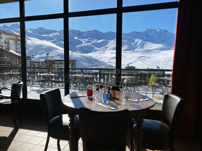 View from Restaurant Window of Snow Mountains Stock Image - Image of ...