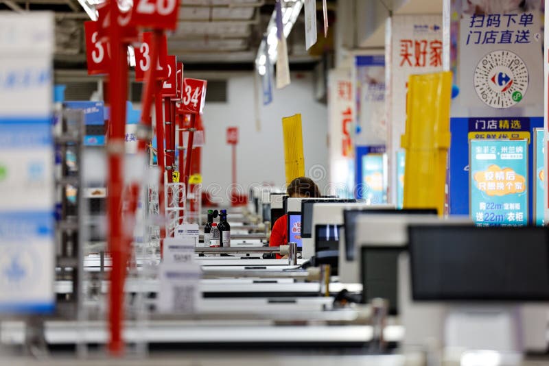 View of a Retail Store with Numerous Checkout Counters Arranged in Neat ...