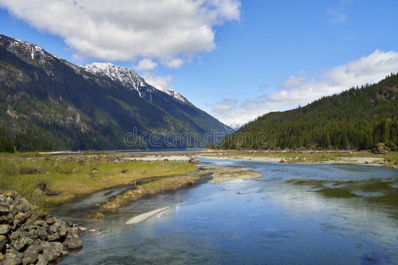 River and the Distant Snow Capped Mountains on a Spring Day, with the ...