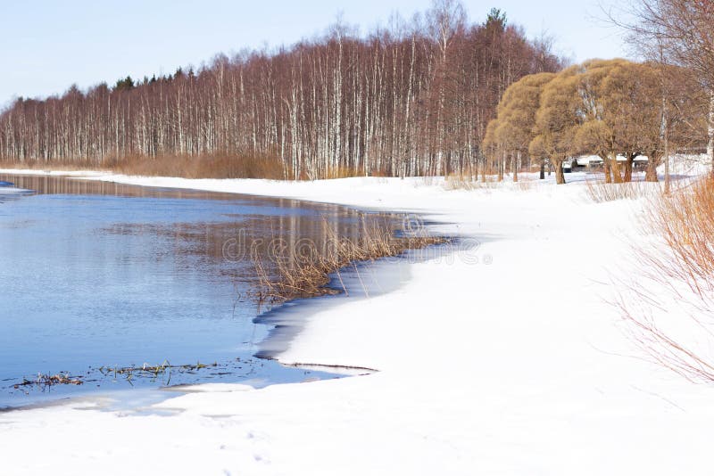 View of the River with Ice in the Spring. Shores with Trees Stock Image ...