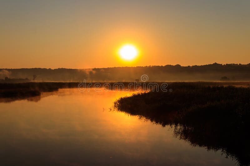 View of River in Mist at Sunrise. Fog Over River at Morning Stock Image ...