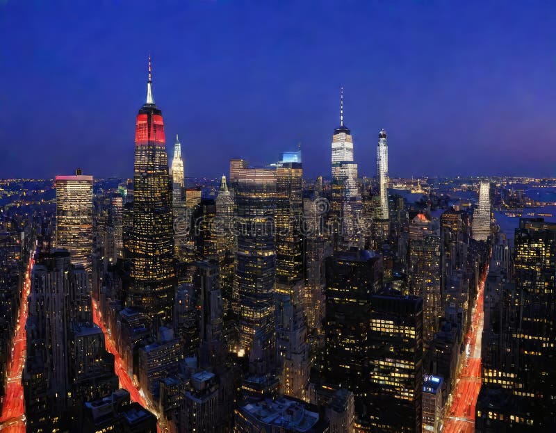 A View from the River at Night of the Red Neon Skyscraper City of the ...