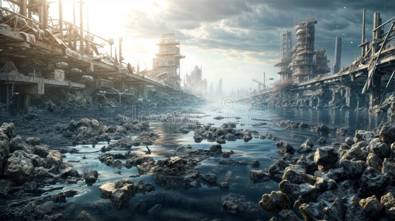 View from a River of a Post Apocalypse Big City with Every Structure ...