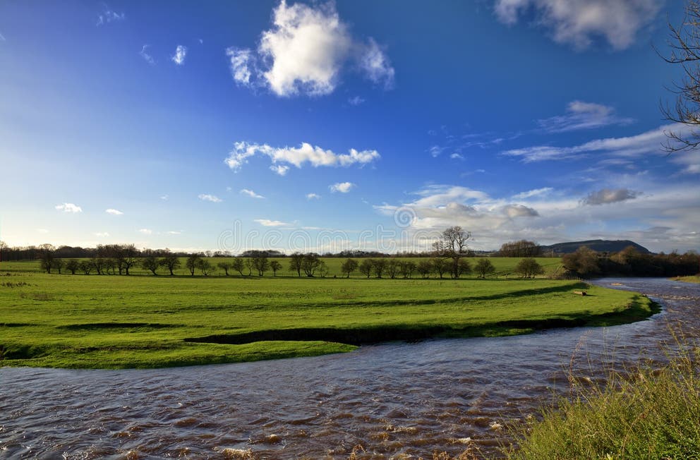 View of the River Ribble and Fields, Clitheroe. Stock Image - Image of ...