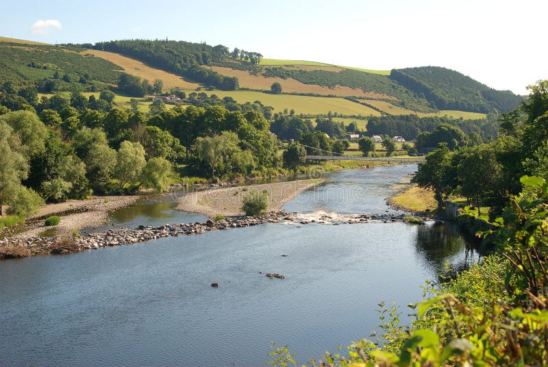 View of River Tweed Hills and Chain Bridge at Melrose in Summer Stock ...