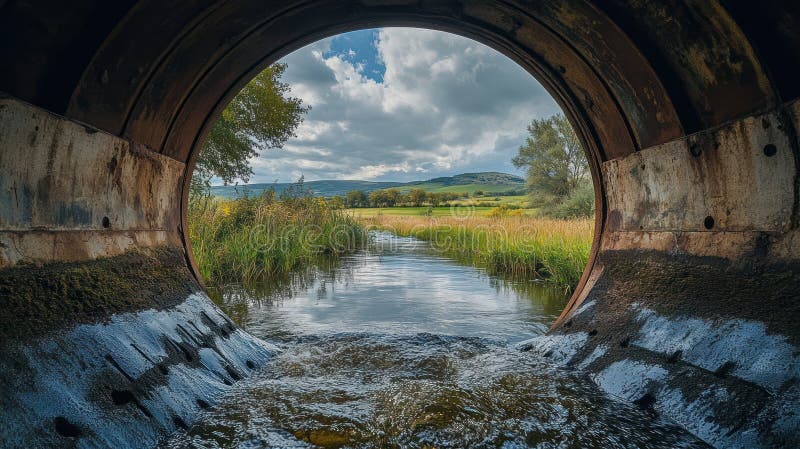 A View of a River and a Valley through a Circular Opening in a Rusted ...