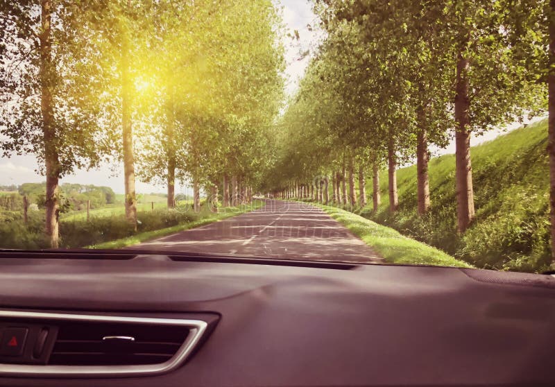 View of the Road and Forest through the Windshield of the Car Su Stock ...