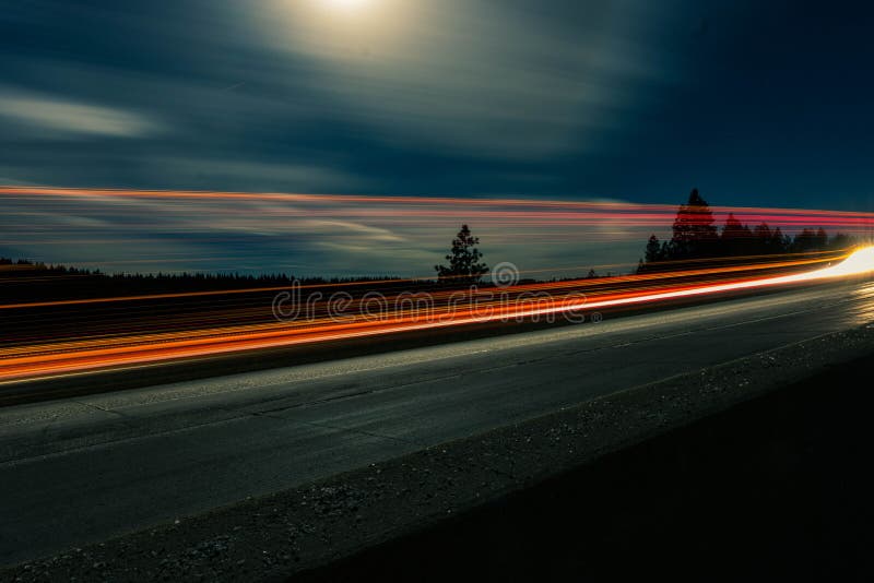 View of Road with Light Trails in Night Stock Image - Image of motion ...